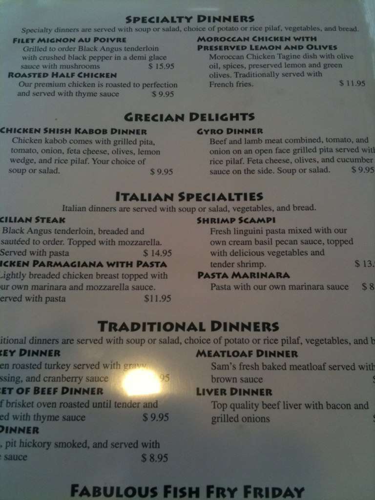 Carta del restaurante Sam's Diner, Tichigan