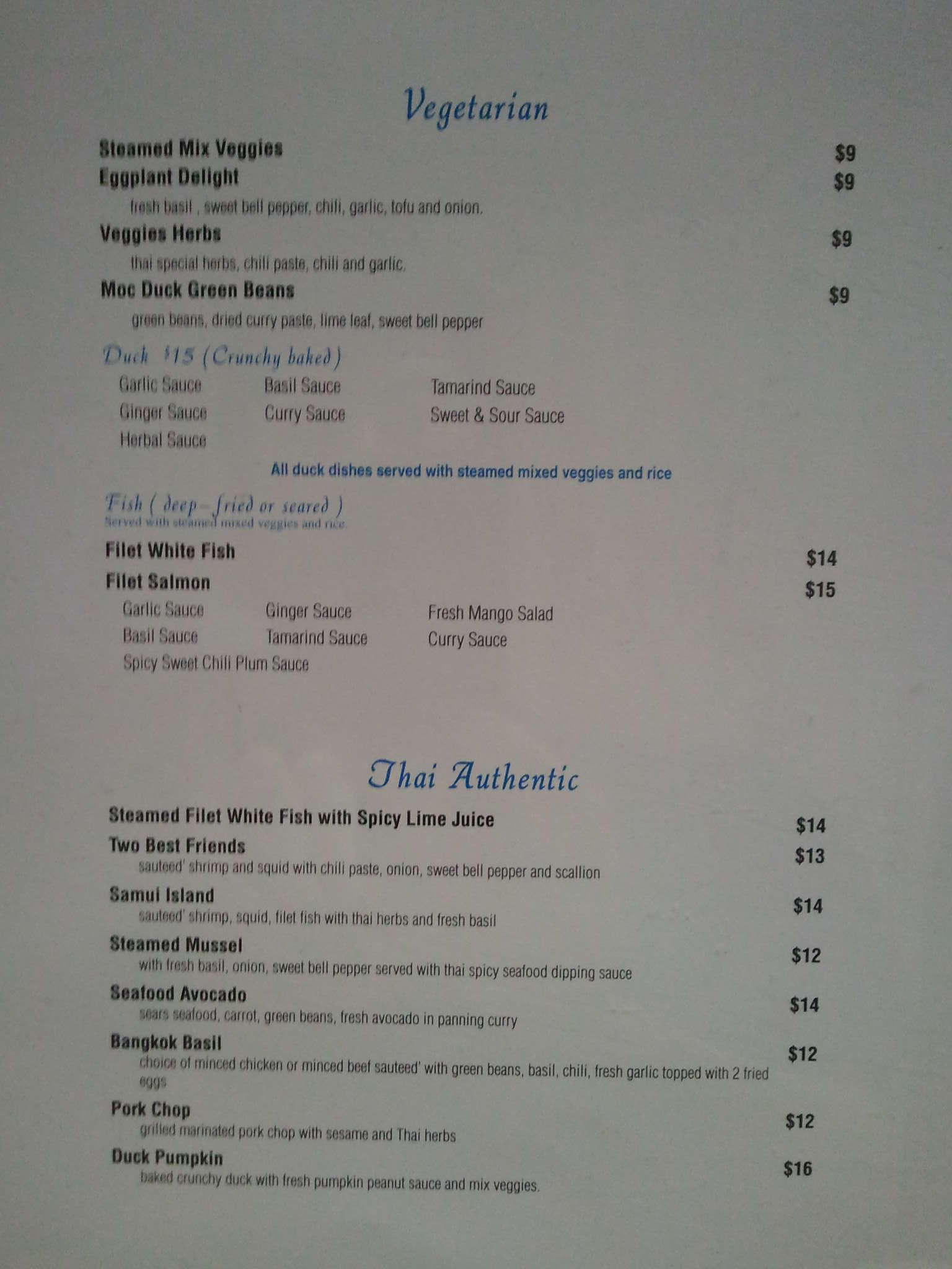Menu at Sila Thai restaurant, Rock Hill