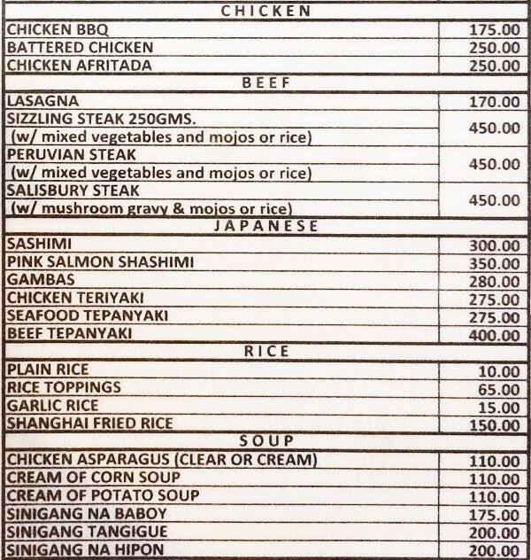 Menu at Cafe Royale, Toledo City, R. G. Espinosa St