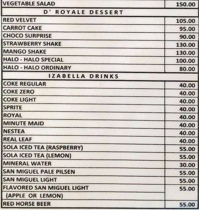 Menu at Cafe Royale, Toledo City, R. G. Espinosa St