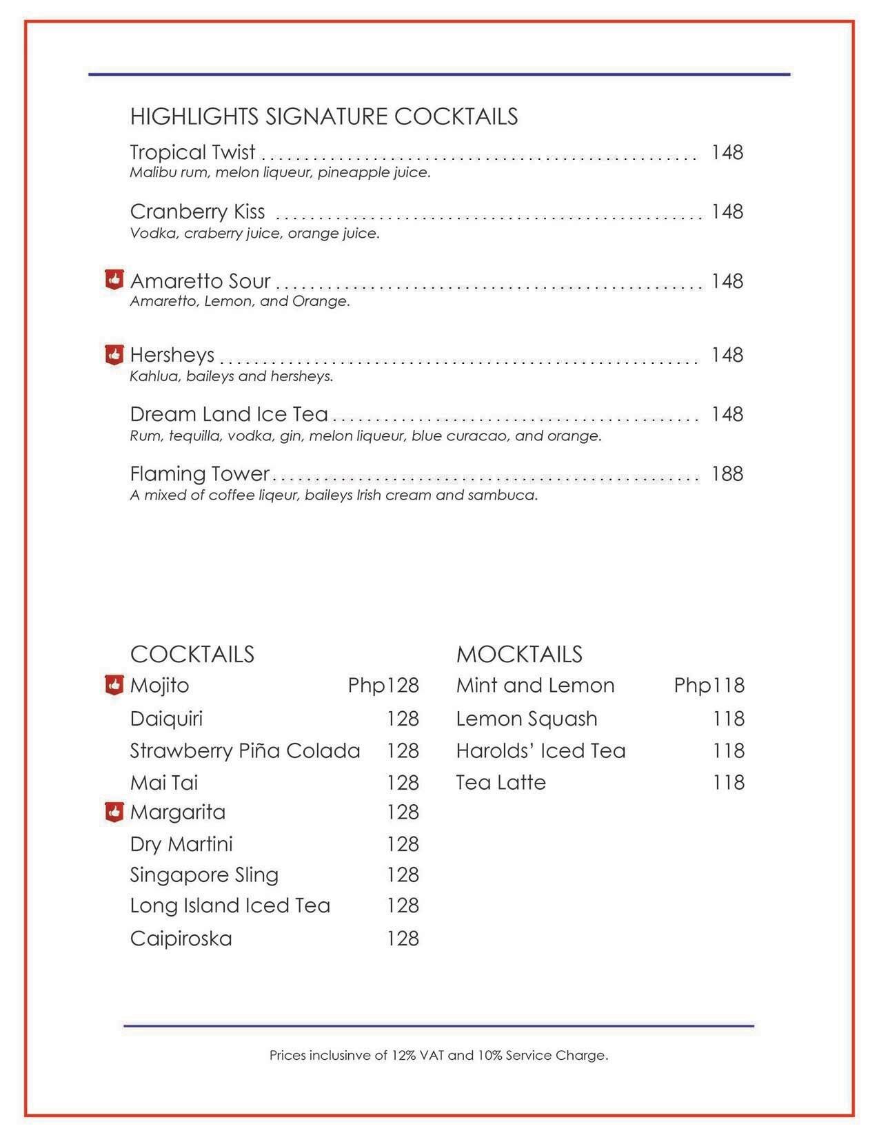 Menu at Highlights pub & bar, Cebu City