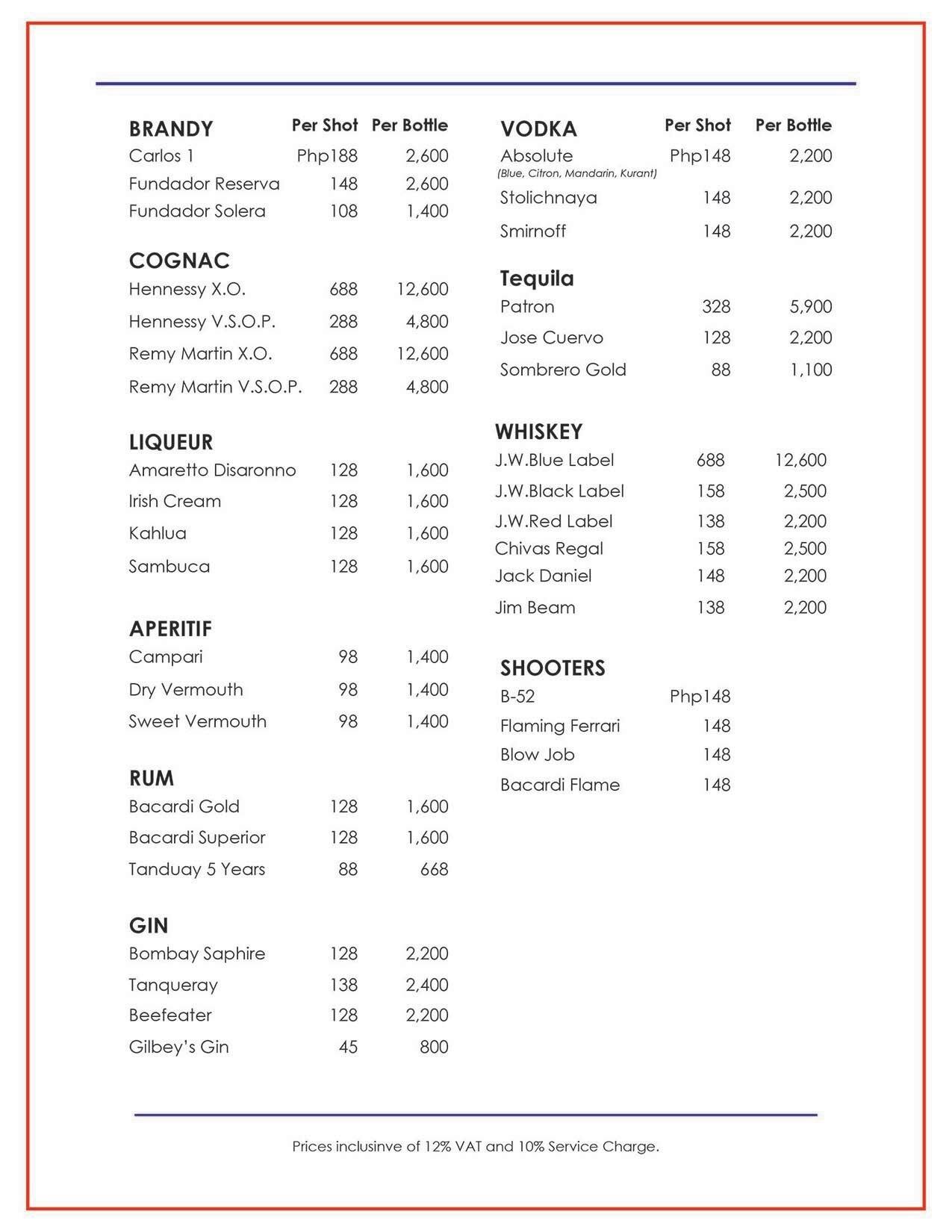 Menu at Highlights pub & bar, Cebu City