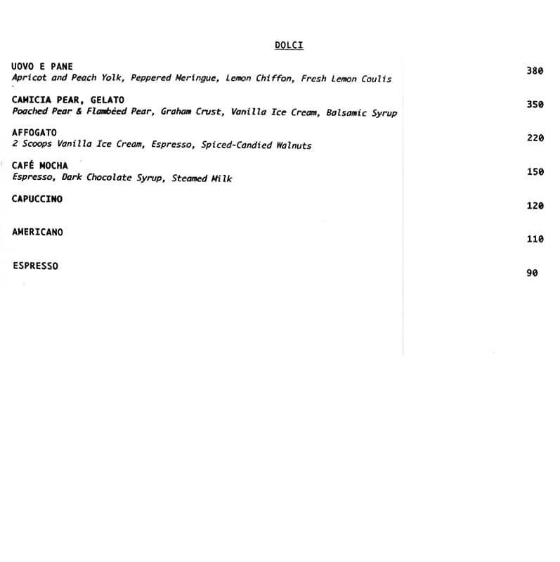 Menu at La Spezia restaurant, Quezon City