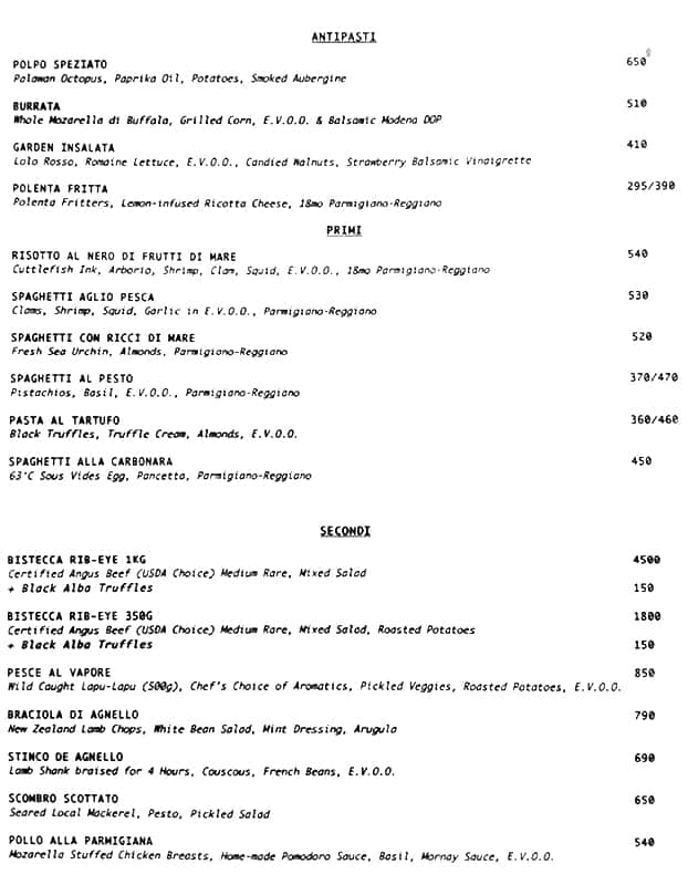 Menu at La Spezia restaurant, Quezon City