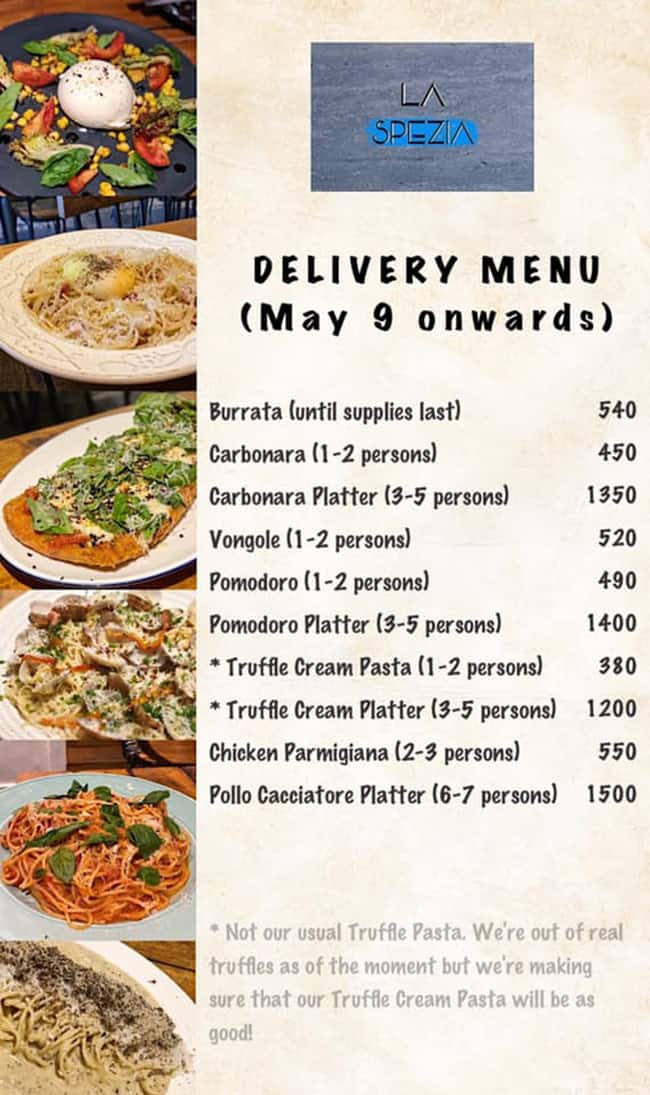 Menu at La Spezia restaurant, Quezon City