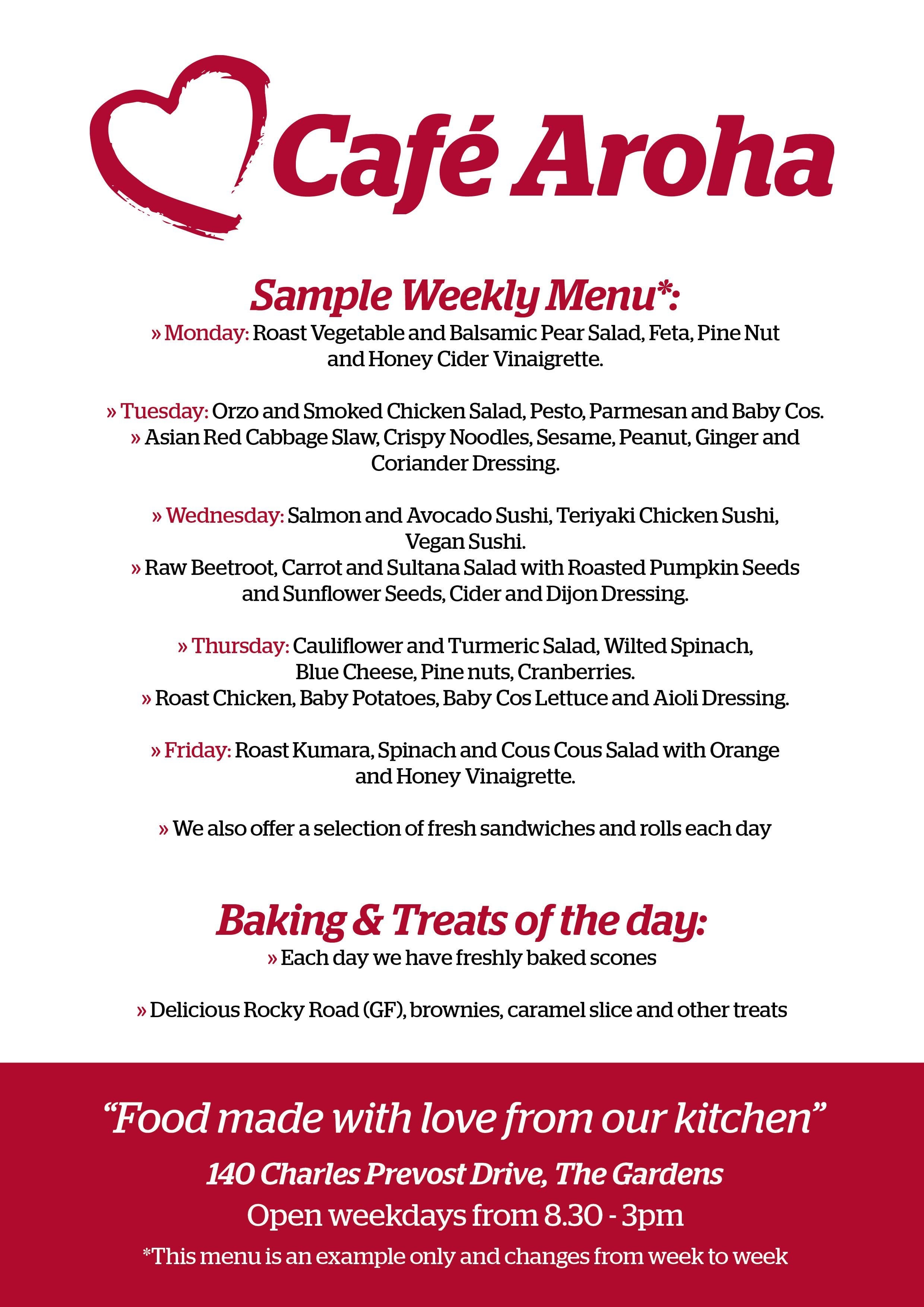 Menu at Cafe Aroha, Auckland