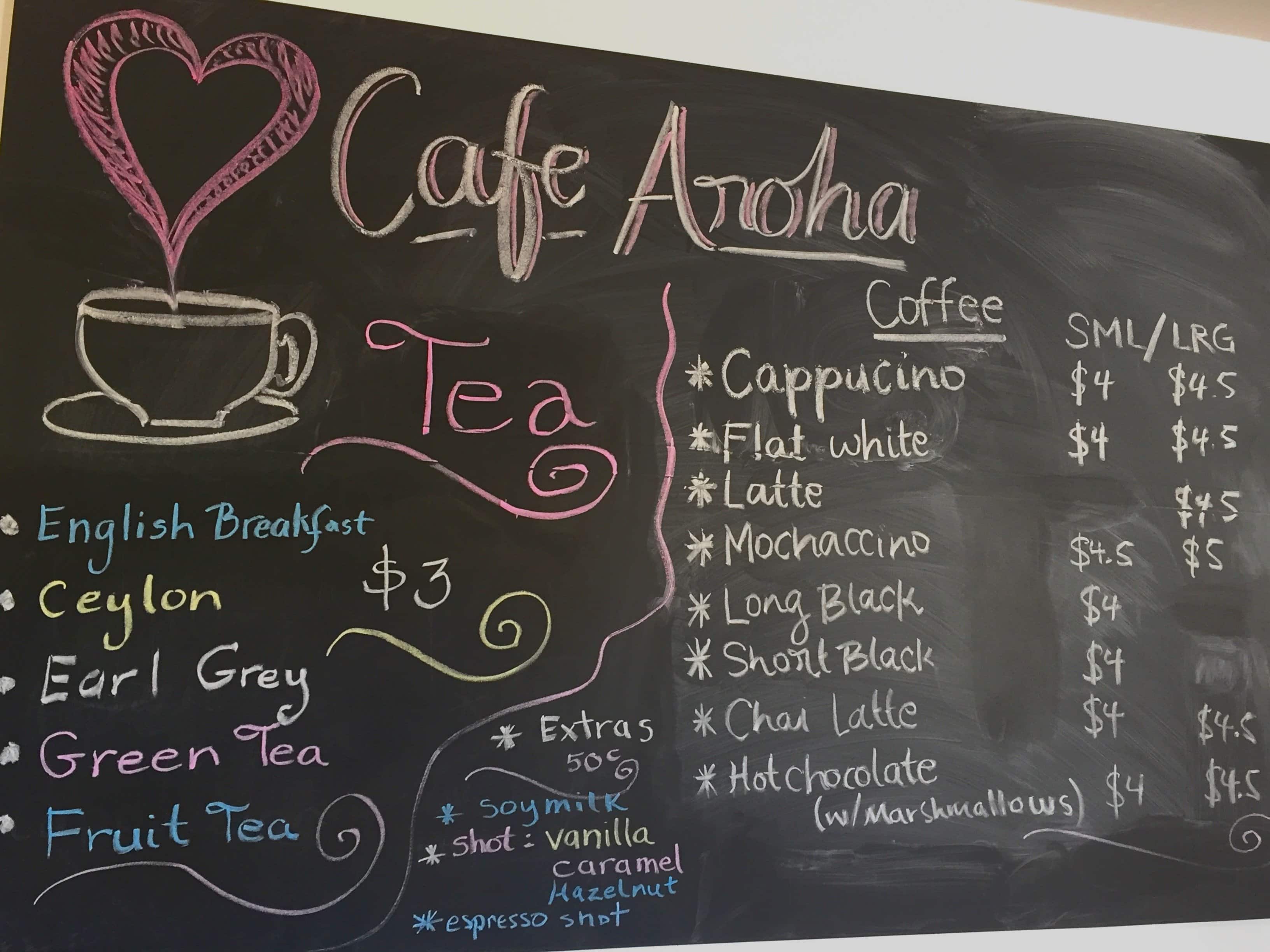 Menu at Cafe Aroha, Auckland