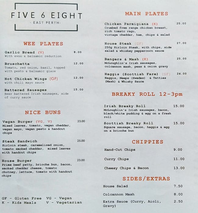 Menu at Five 6 Eight Bar East Perth, East Perth
