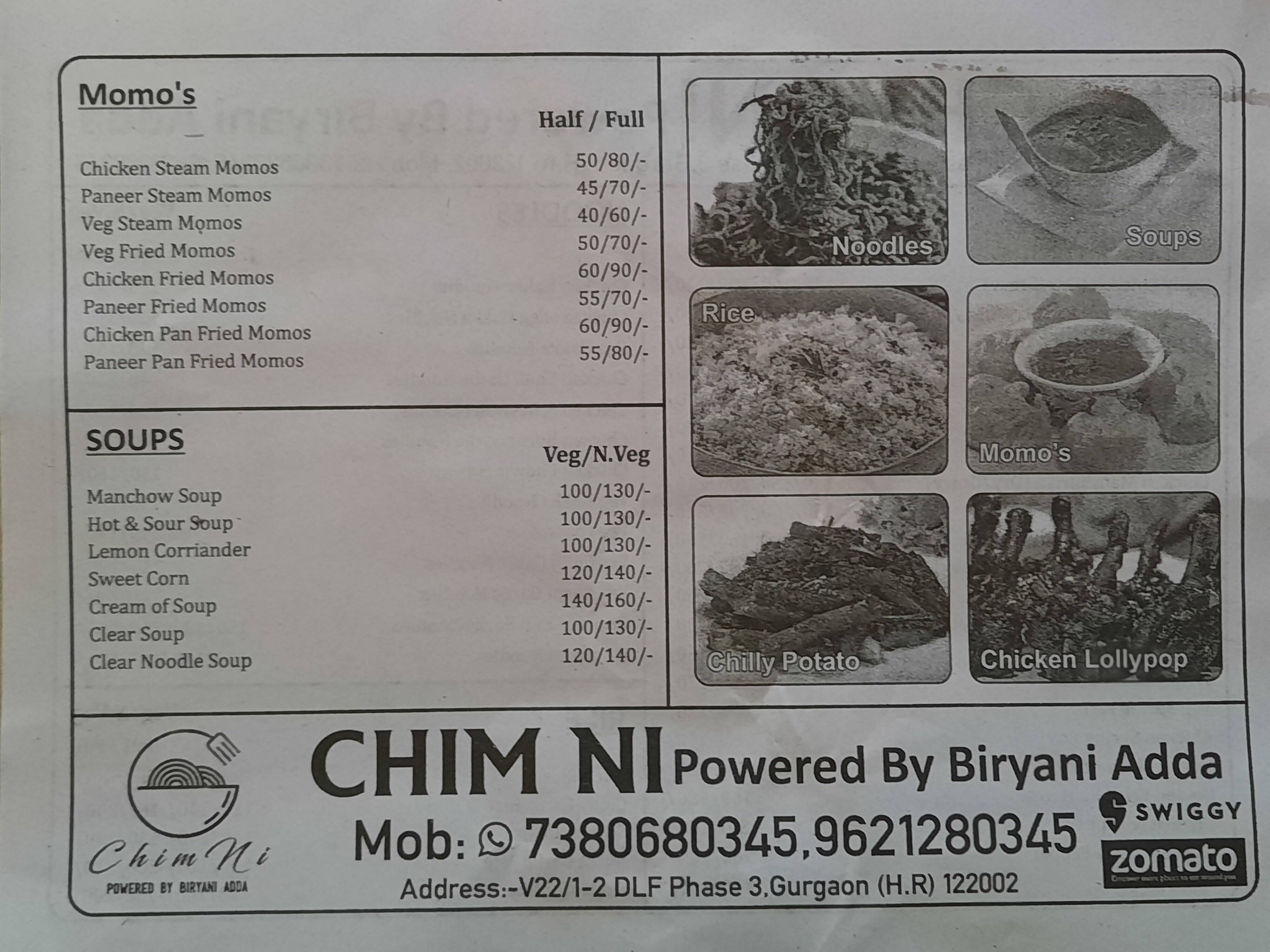 Menu of Chim Ni, DLF Phase 3, Gurgaon