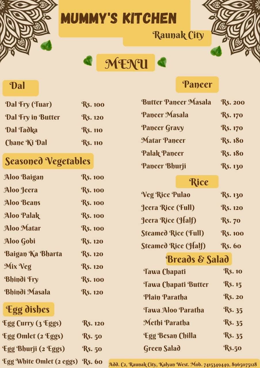 Menu of Mummy's Kitchen, Kalyan, Thane