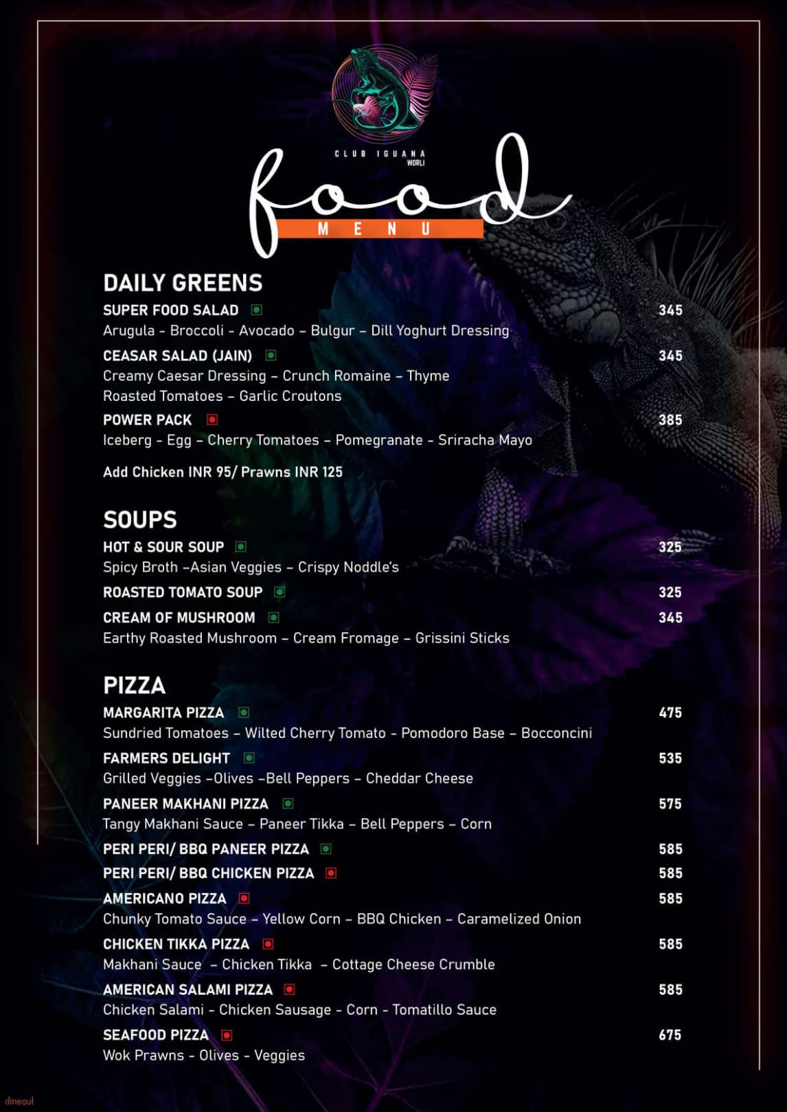Menu of Club Iguana, Worli, Mumbai