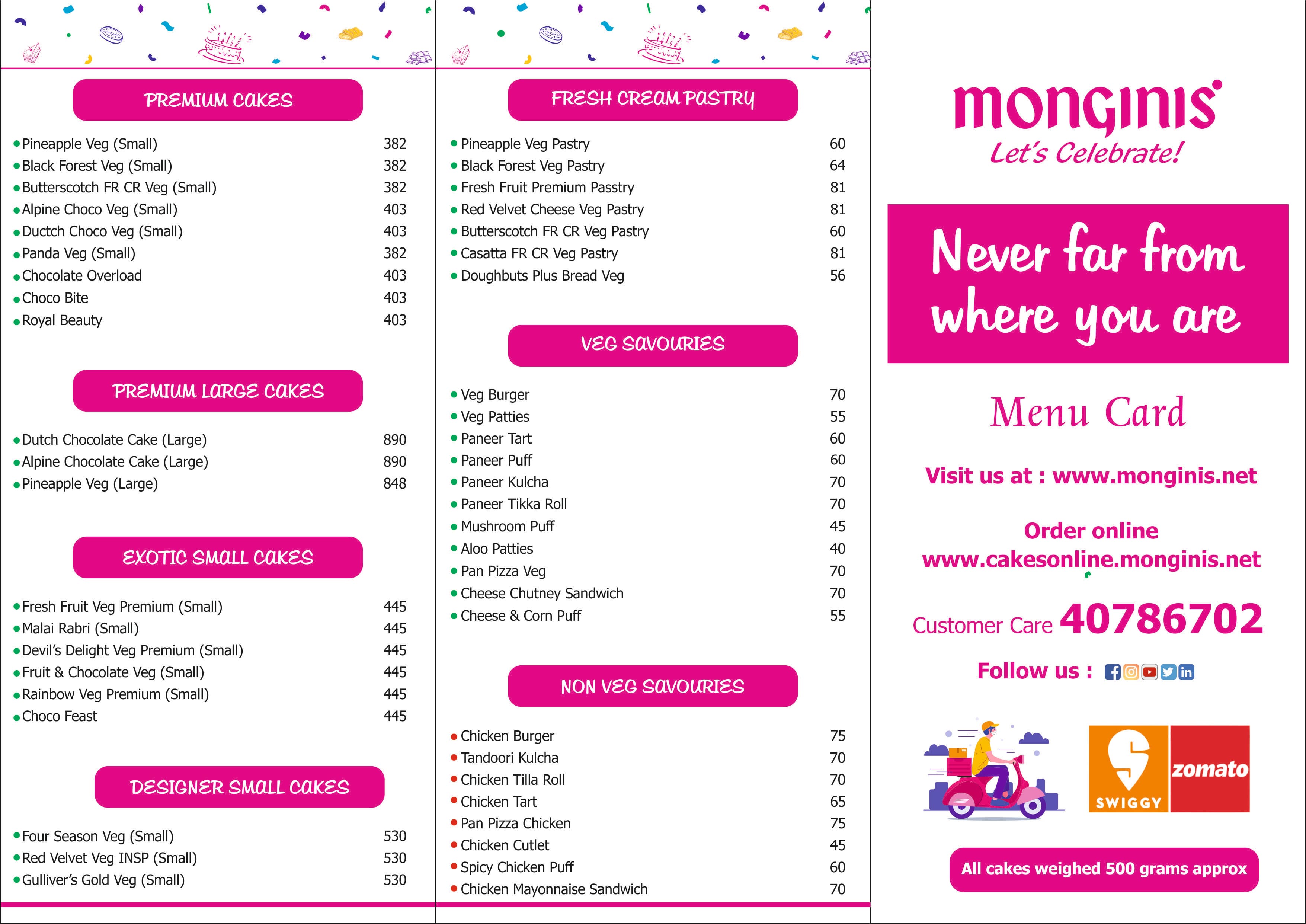 Menu of Monginis Cake shop, Karol Bagh, New Delhi
