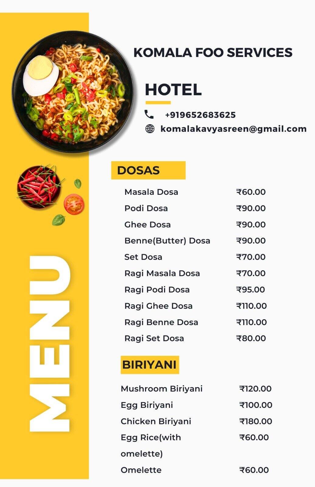 Menu of Komala Food, Bommanahalli, Bangalore