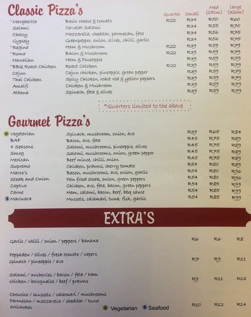 Menu at The Italian Job restaurant, Cape Town