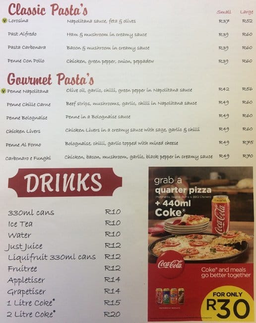 Menu at The Italian Job restaurant, Cape Town