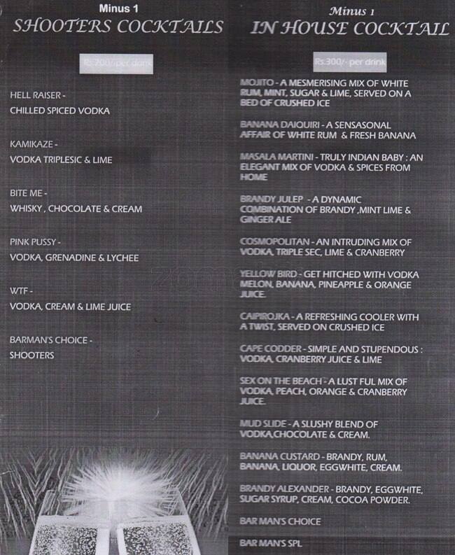 Menu at Minus one, Chennai