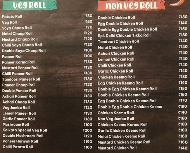 Menu of Kolkata Kathi Roll, Malviya Nagar, New Delhi