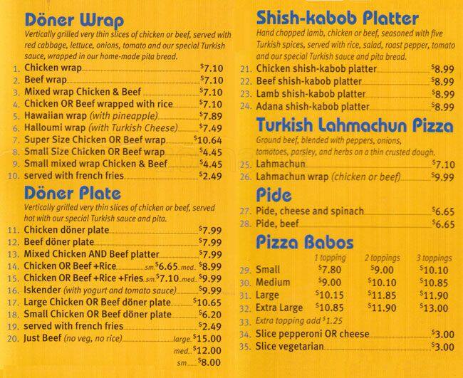 Menu at Babos Donerpoint restaurant, Toronto