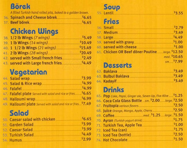Menu at Babos Donerpoint restaurant, Toronto
