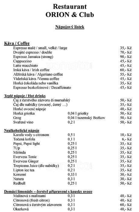 Menu at Orion pub & bar, Prague, Rehorova