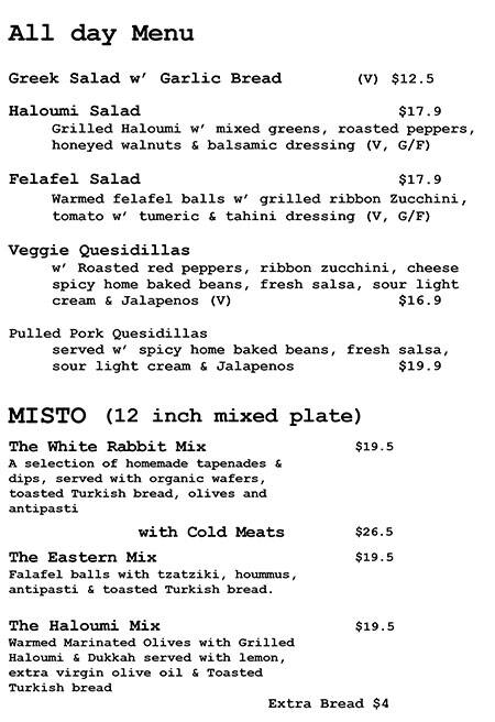 Menu at White Rabbit Record Bar, Kensington