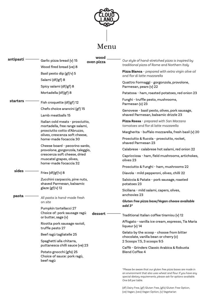 Menu at Cloudland restaurant, Fortitude Valley