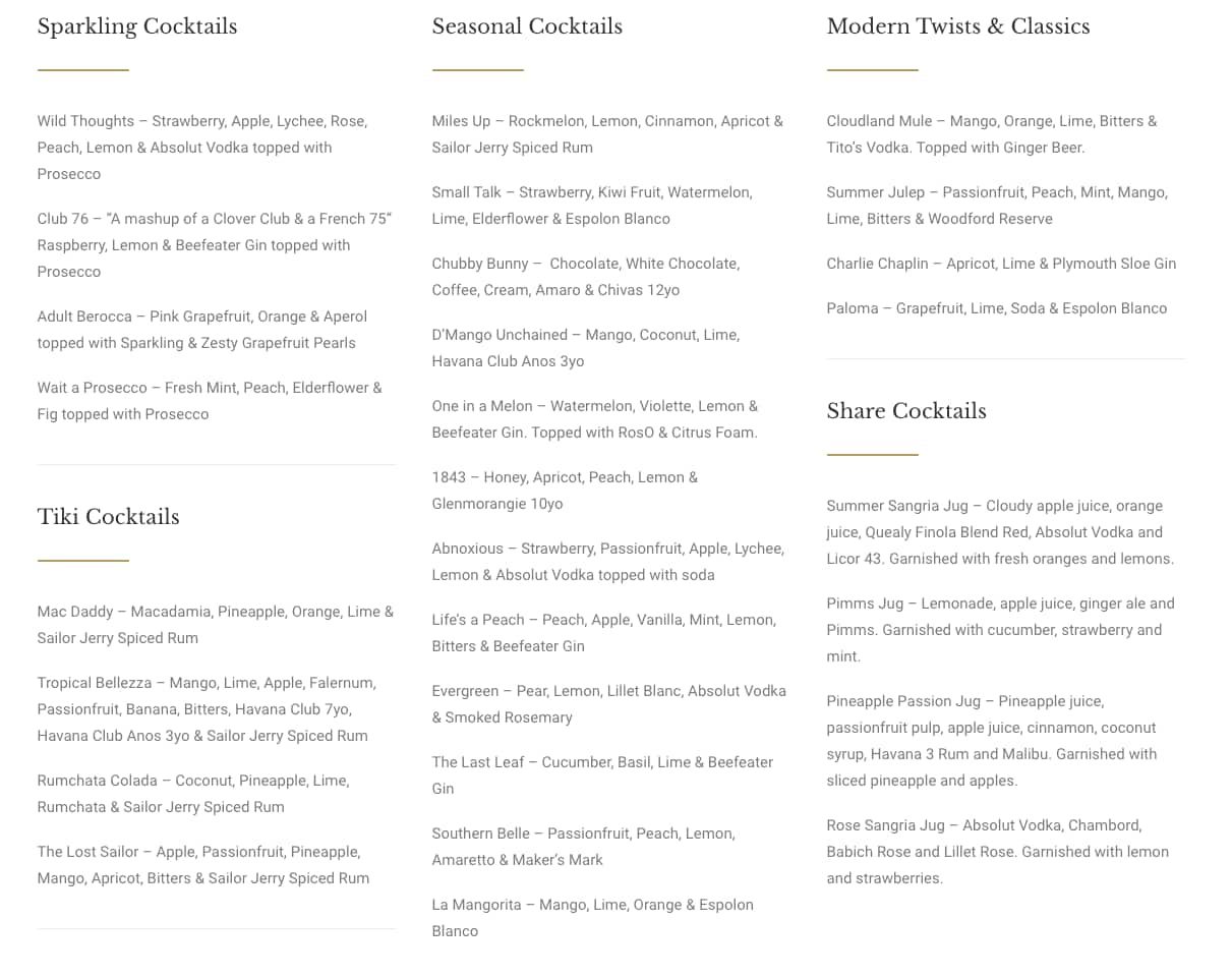 Menu at Cloudland restaurant, Fortitude Valley