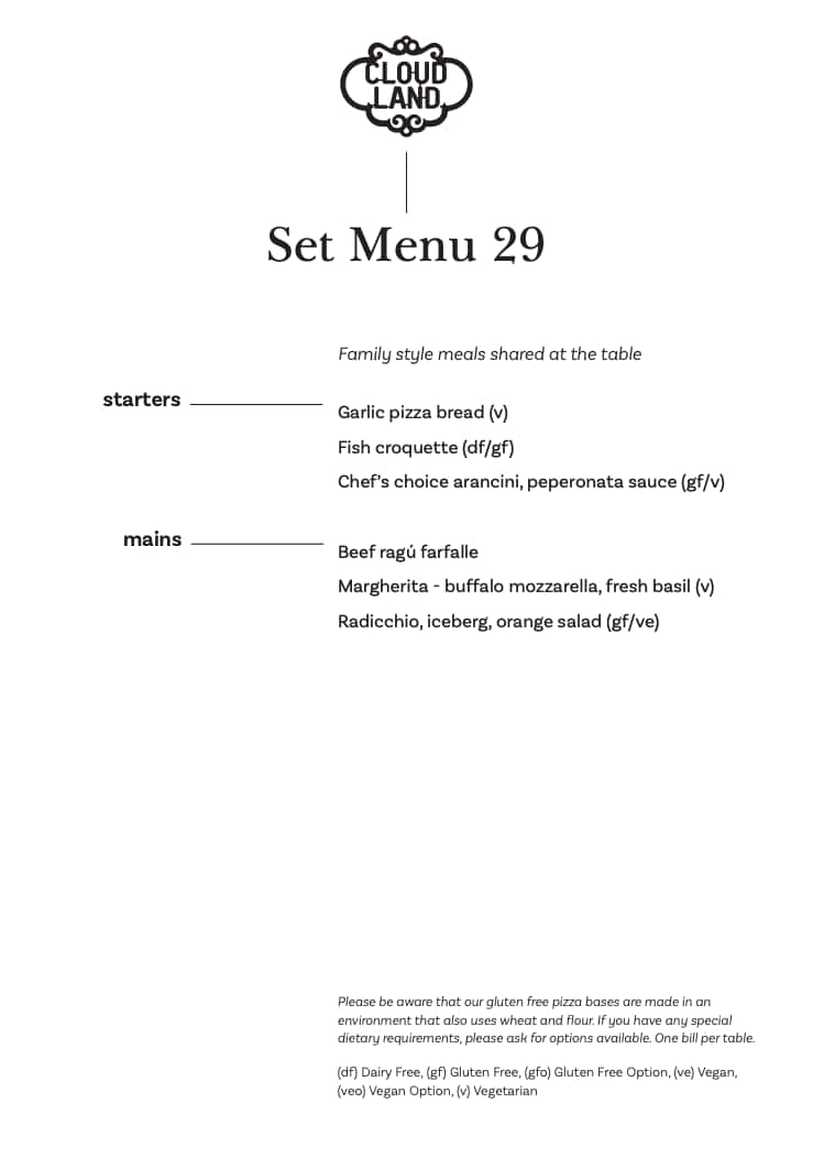 Menu at Cloudland restaurant, Fortitude Valley