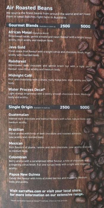 Menu at Zarraffa's Coffee cafe, Redcliffe