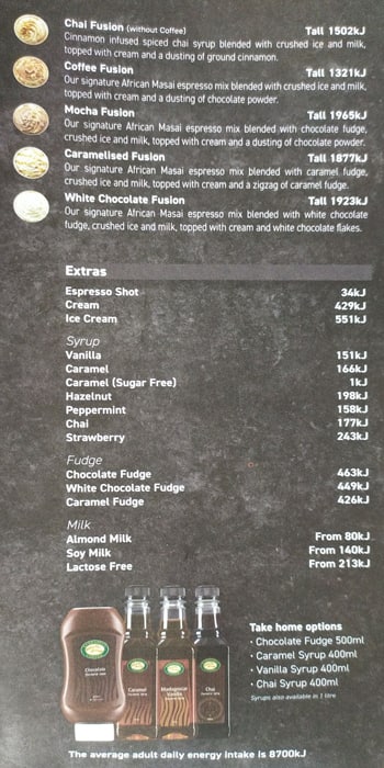 Menu at Zarraffa's Coffee cafe, Redcliffe