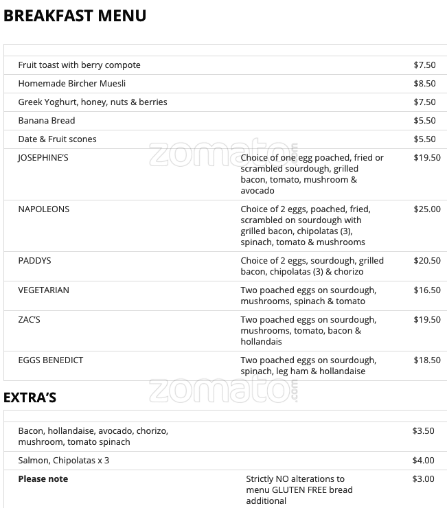 Menu at Josephine's Restaurant at the Briars, Mount Martha