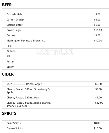 Menu at Josephine's Restaurant at the Briars, Mount Martha