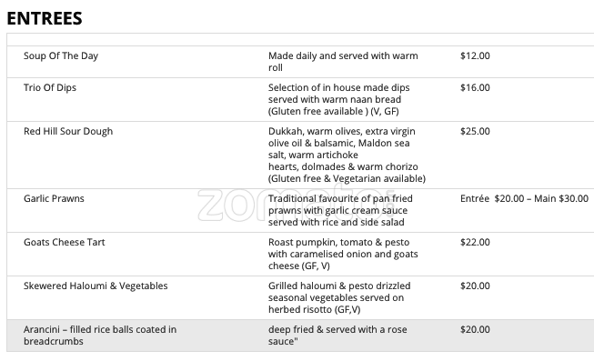 Menu at Josephine's Restaurant at the Briars, Mount Martha