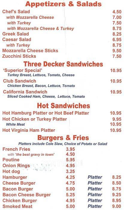 Menu at Superior Restaurant, Mississippi Mills