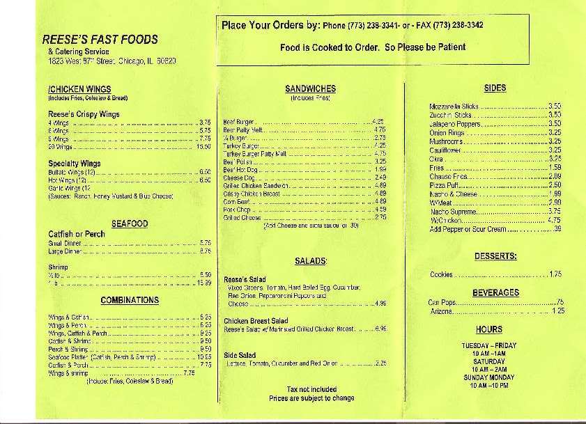 Menu at Reese's Lounge pub & bar, Chicago, W 87th St