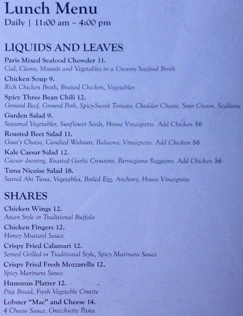 Menu at The Paris Cafe, New York City, 119 Peck Slip