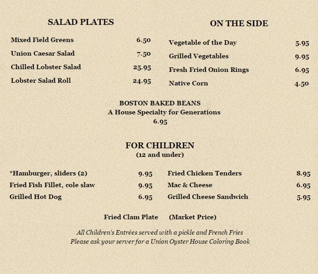 Menu at Union Oyster House restaurant, Boston
