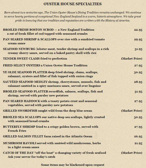 Menu at Union Oyster House restaurant, Boston