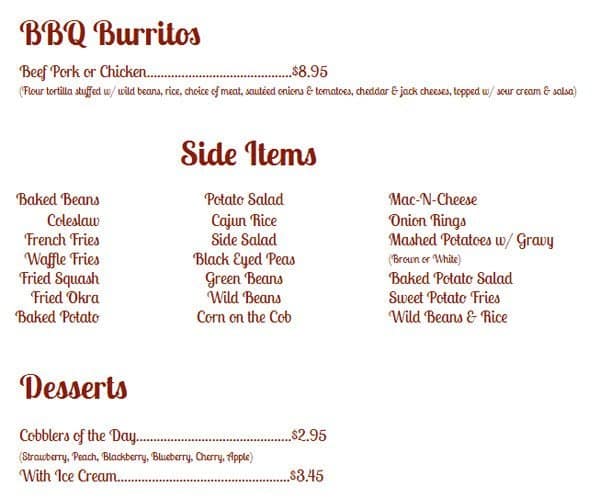Menu at Smokin' Joe's Ribhouse BBQ, Rogers