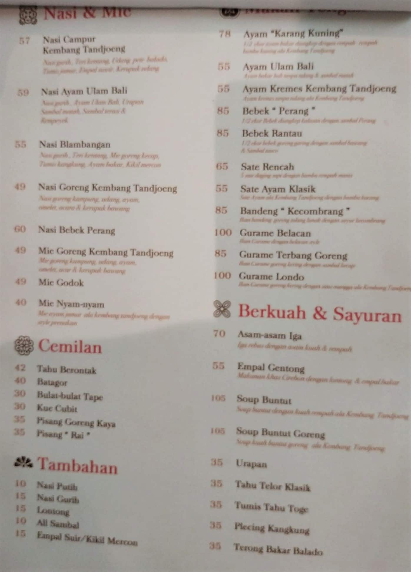 Menu at Kembang Tandjoeng Indonesian Cuisine restaurant, Jakarta