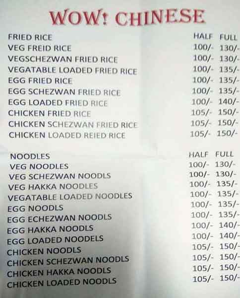 Menu of Wow Chinese, Electronic City, Bangalore