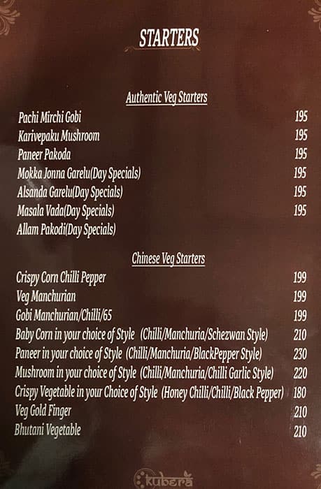 Menu of Kubera Authentic Telugu Cuisine, Hitech City, Hyderabad