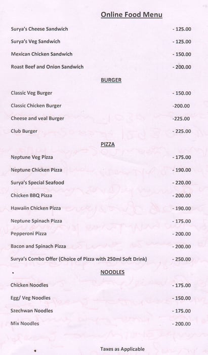 Menu at The Surya- 4 Star Luxury Airport Hotel, Angamaly