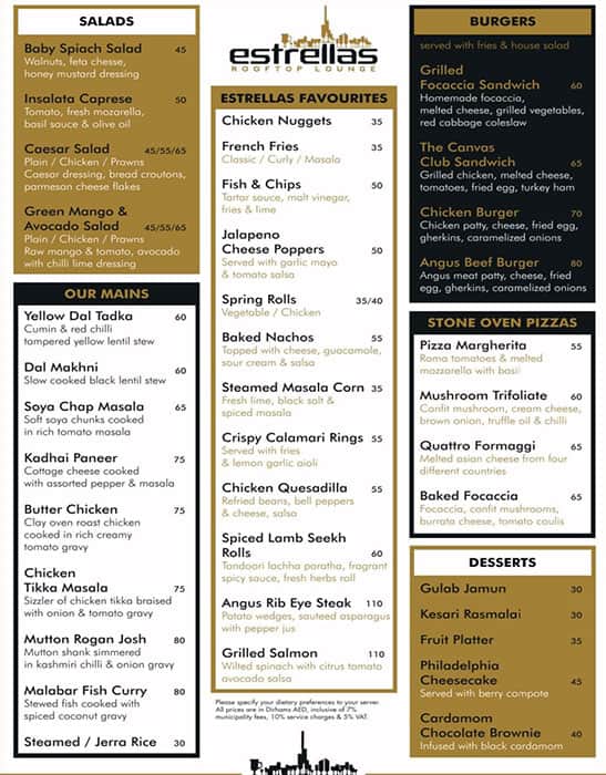 Menu at Estrellas Rooftop Lounge pub & bar, Dubai