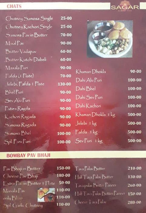 Menu of Sagar Hotel, Rajajinagar, Bangalore