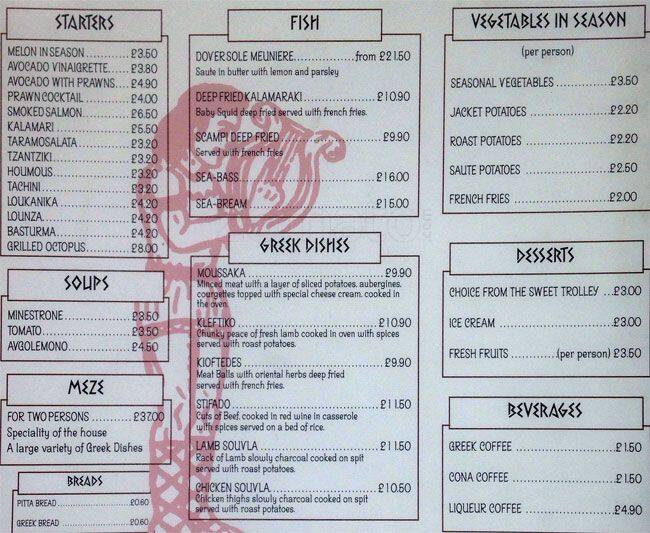 Menu at Apollo restaurant, London, 134A Seven Sisters Rd