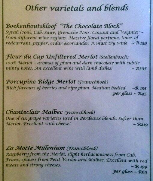 Menu at L'Ermitage Franschhoek Chateau and Villas restaurant, Franschhoek