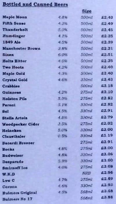 Menu at Blue Bell pub & bar, Manchester, 493 Moston Lane