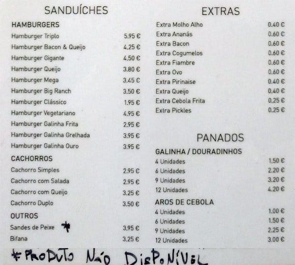 Carta de comida rápida Burger Ranch, Lisboa, R. Agostinho Neto 16H