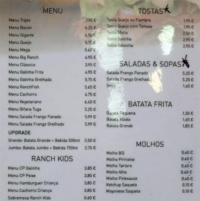 Carta de comida rápida Burger Ranch, Lisboa, R. Agostinho Neto 16H